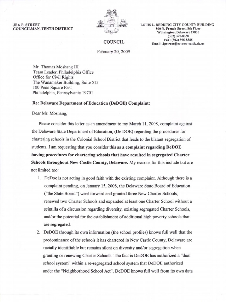 Letter of Complaint To Office of Civil Rights About Delaware Department ...
