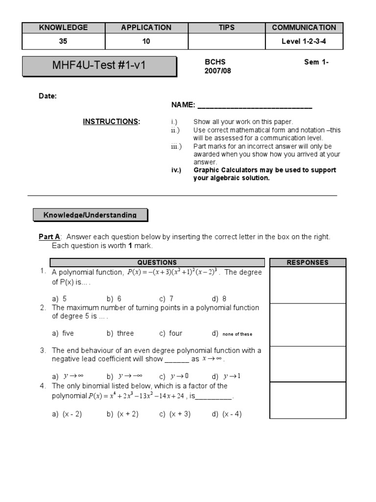 MHF4U - Polynomial Test | PDF | Polynomial | Factorization