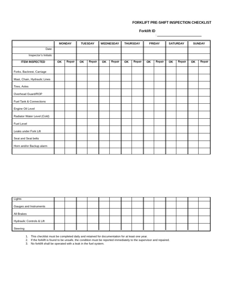 Forklift Checklist | PDF