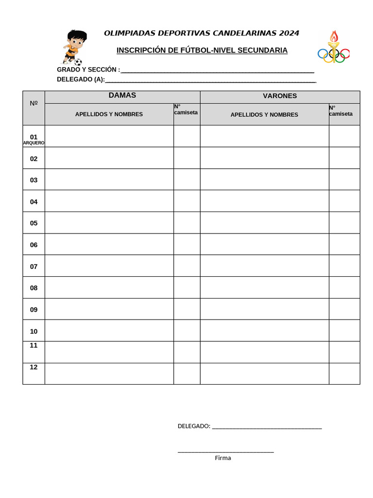 Fichas Inscripción Olimpiadas Deportivas Candelarinas 2024 | PDF