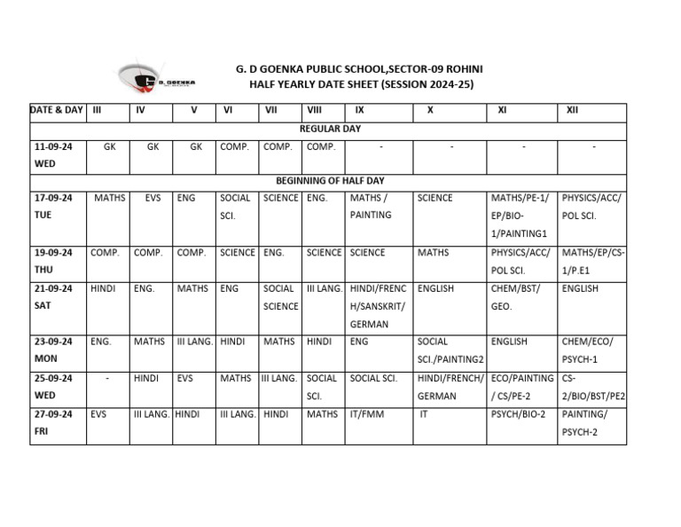 Half Yearly Date Sheet | PDF