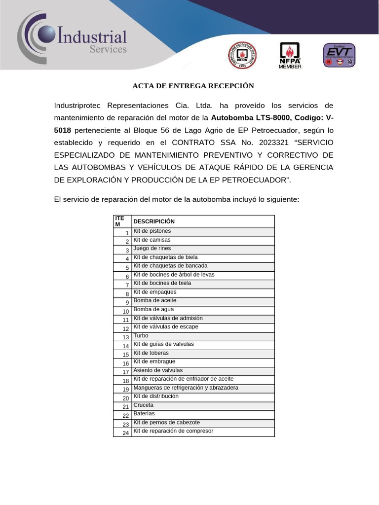 Acta de Recepción de Autobomba LTS-8000 | PDF | Inyección de ...
