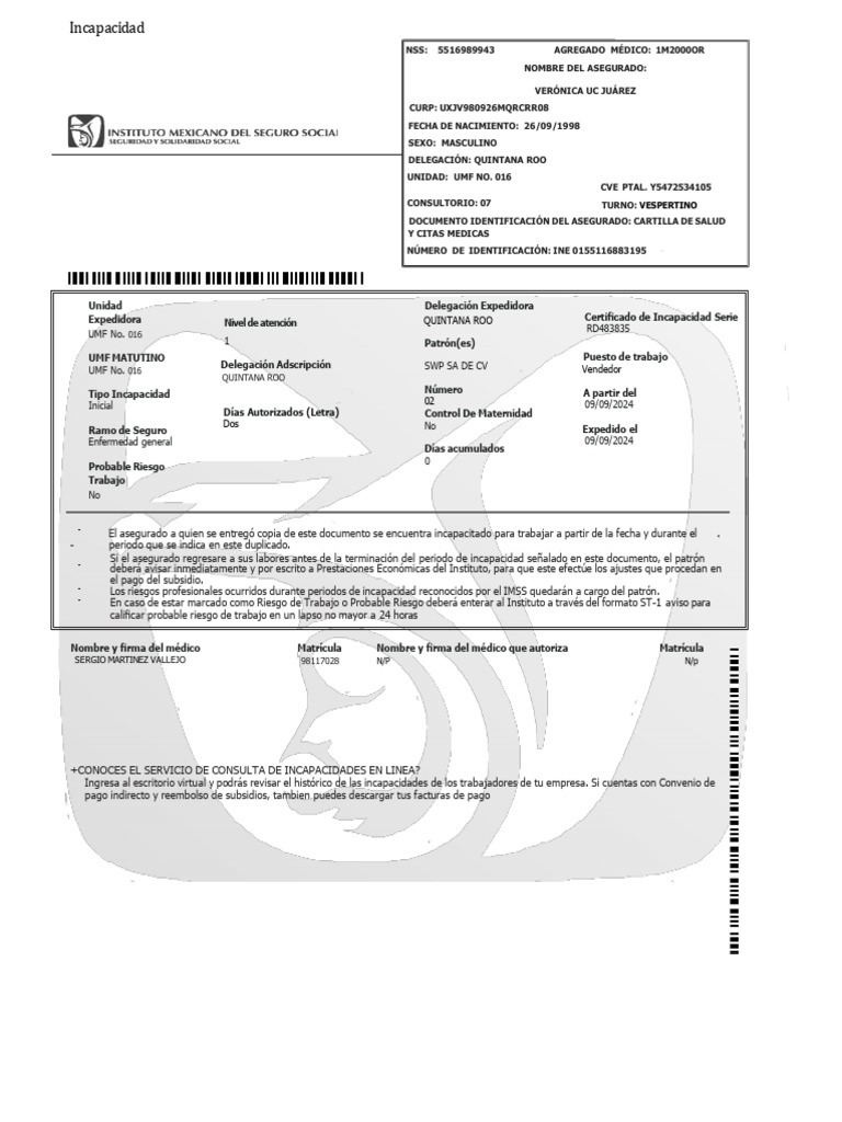 Incapacidad IMSS | PDF