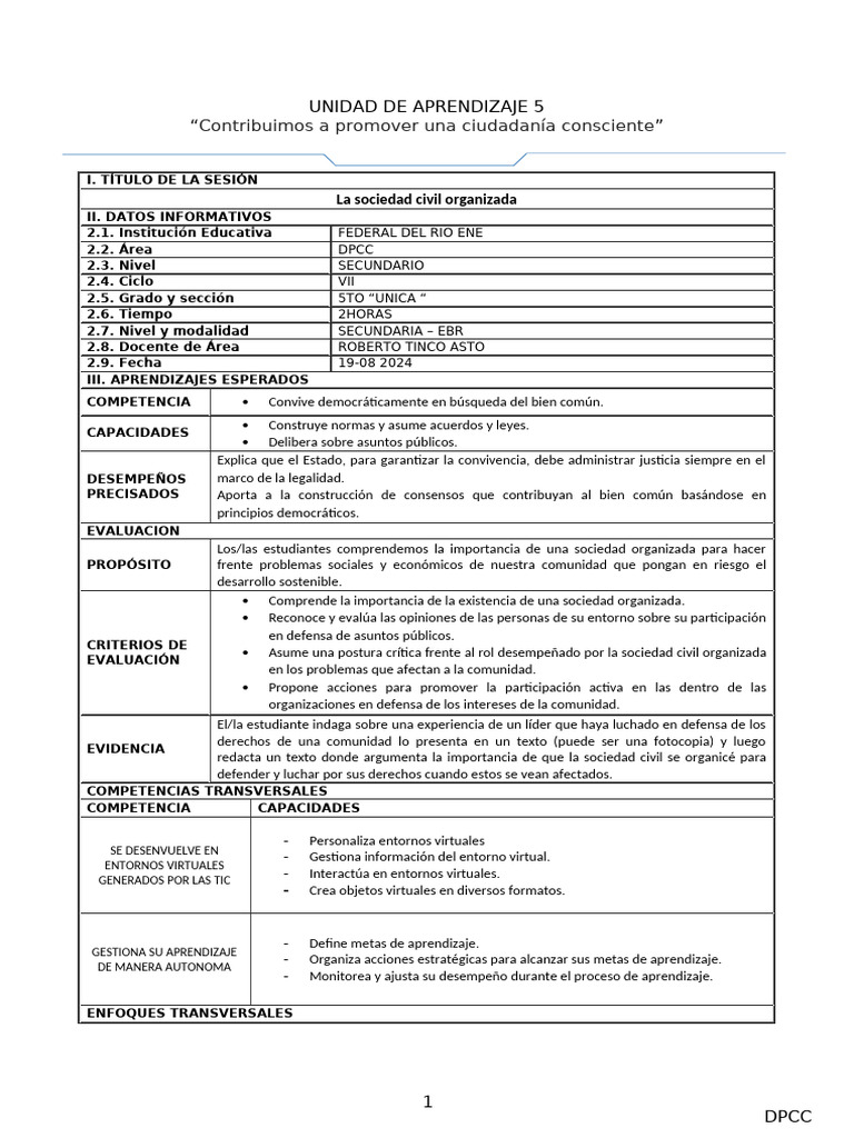 5º Ses Act 3 Unid.5 - DPCC 2024 | PDF