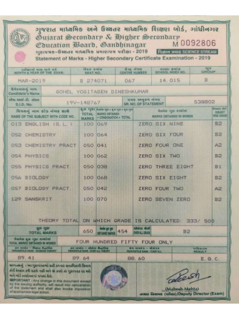 12th Marksheet | PDF