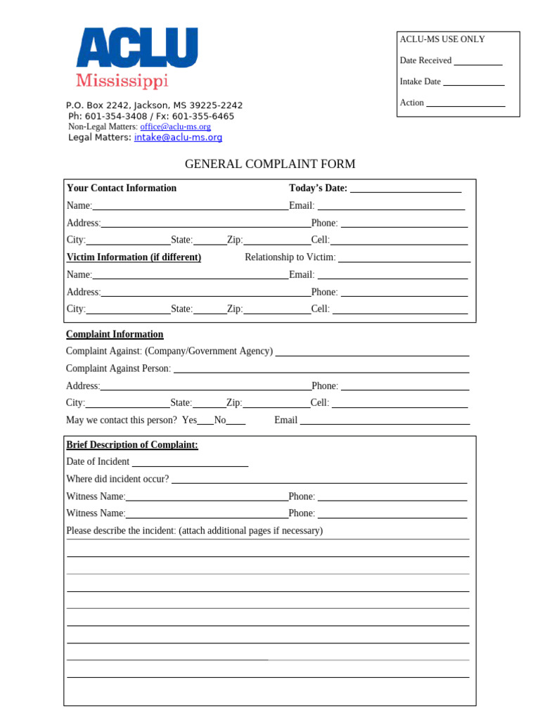 Blank Complaint Intake Form | PDF