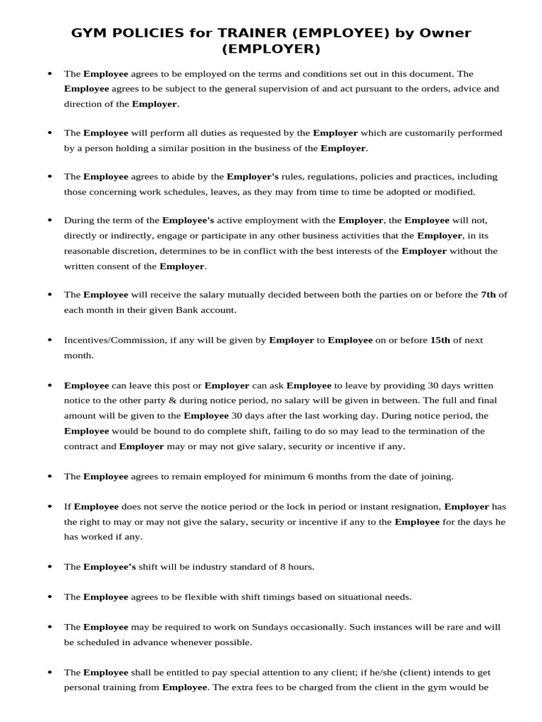 Gym Policies For Trainer | PDF