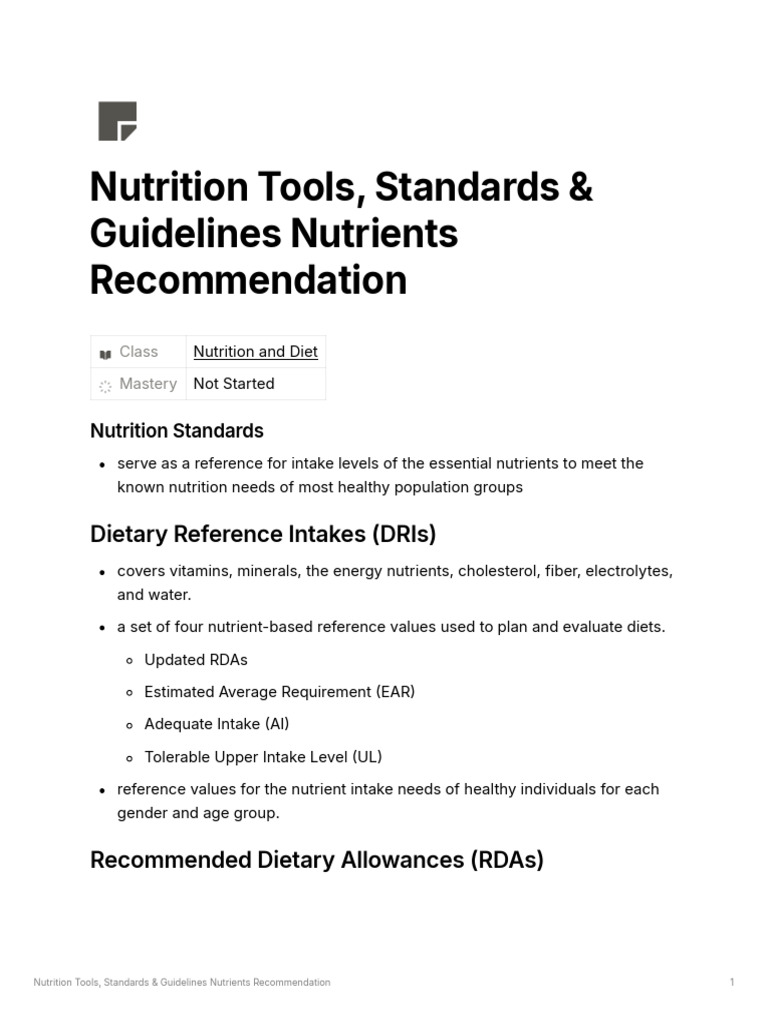 Nutrition Tools Standards Guidelines Nutrients Recommendation | PDF