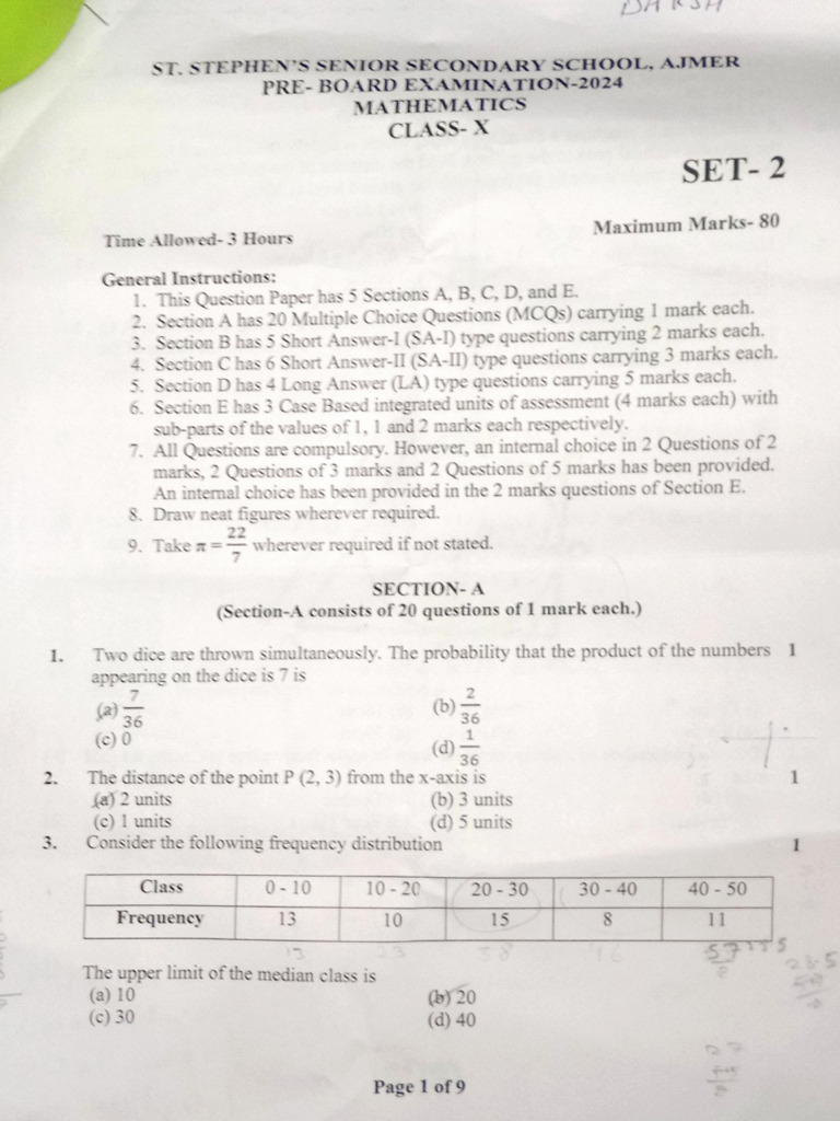Pre Board Maths Set No. - 2 | PDF