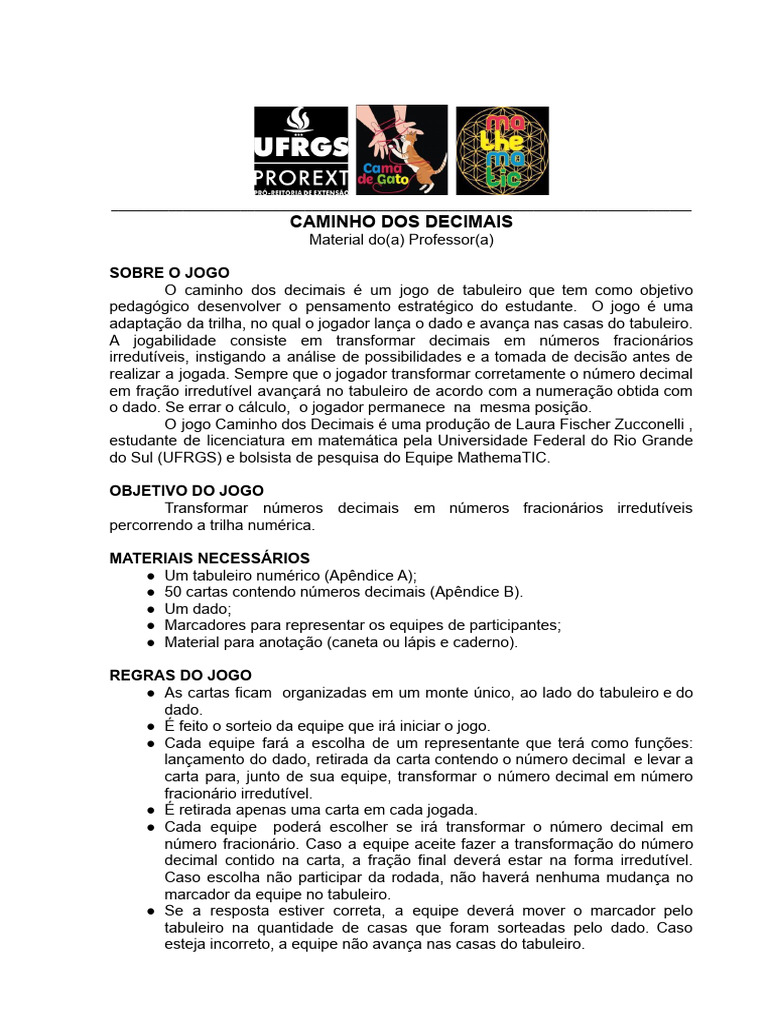 Jogo Educativo: Caminho dos Decimais | PDF | Decimal | Notação matemática