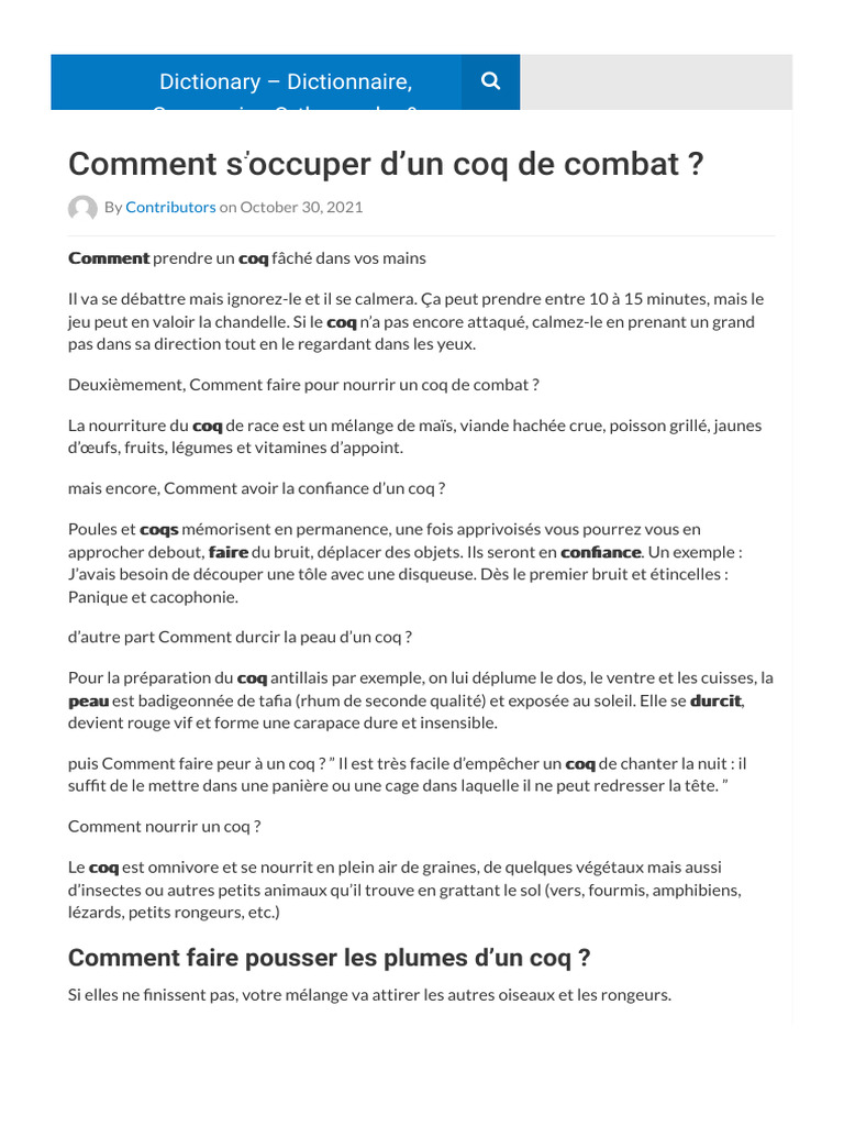 Comment S'occuper D'un Coq de Combat ? - Dictionary - Dictionnaire ...