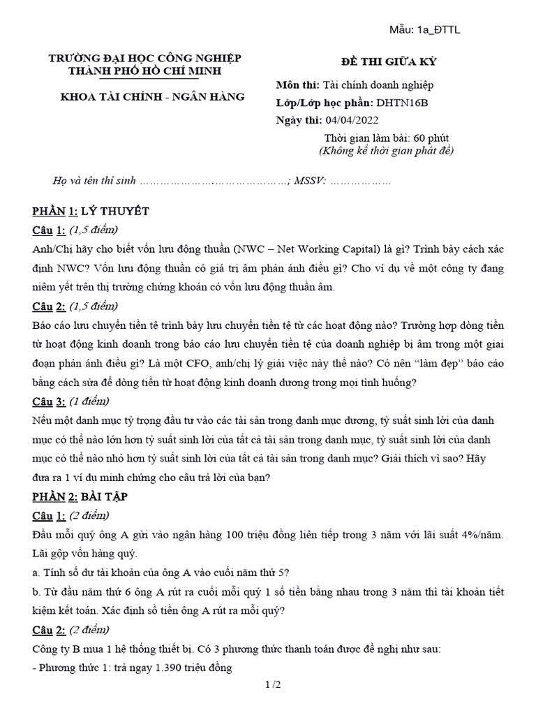 Đề thi GK - Môn TCDN - DHTN16B - Đề 1 | PDF