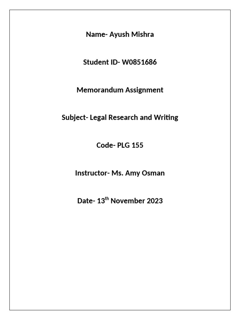 Legal Research and Writing Project - Memorandum Assignment | PDF