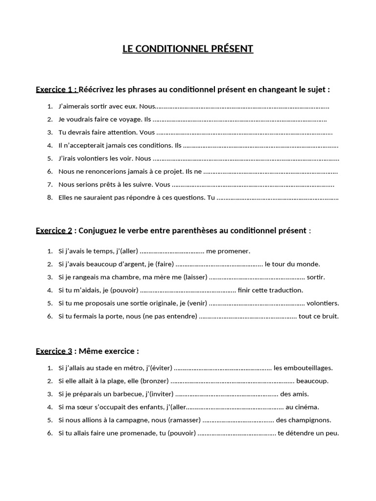 LE CONDITIONNEL PRÃ SENT - 5 Exercices | PDF