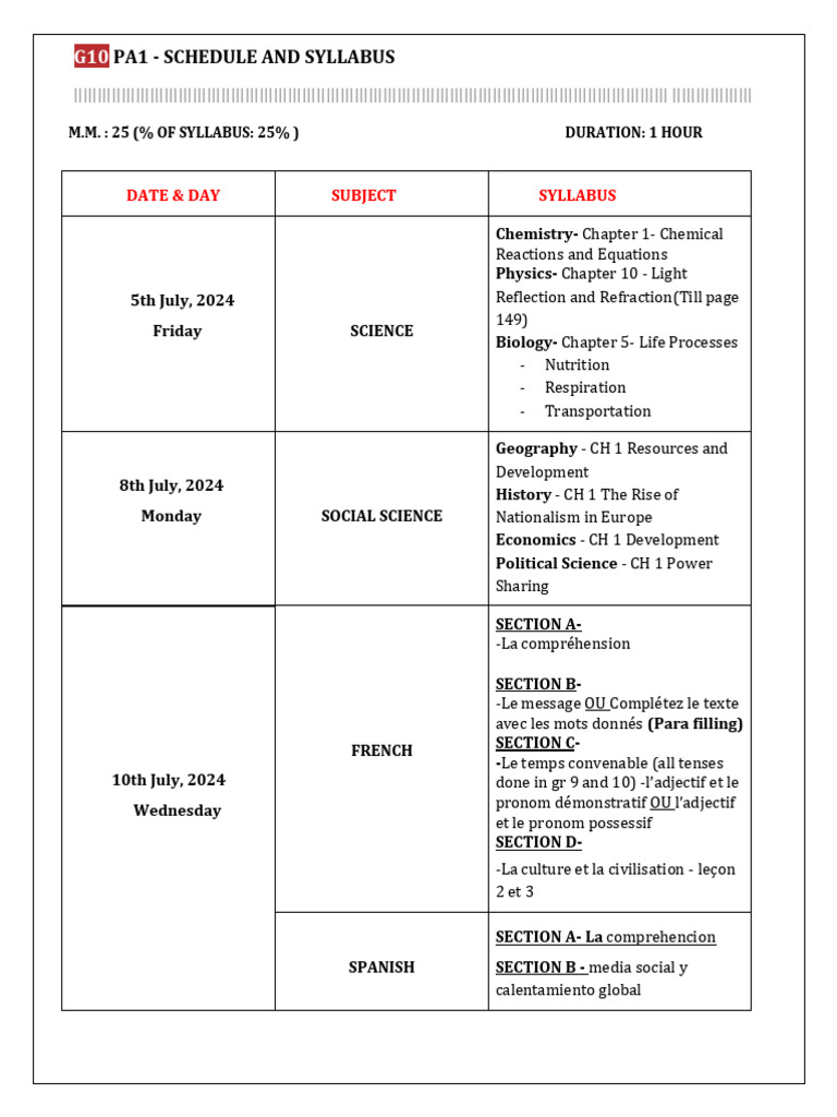 G10 Pa1 - Schedule and Syllabus | PDF
