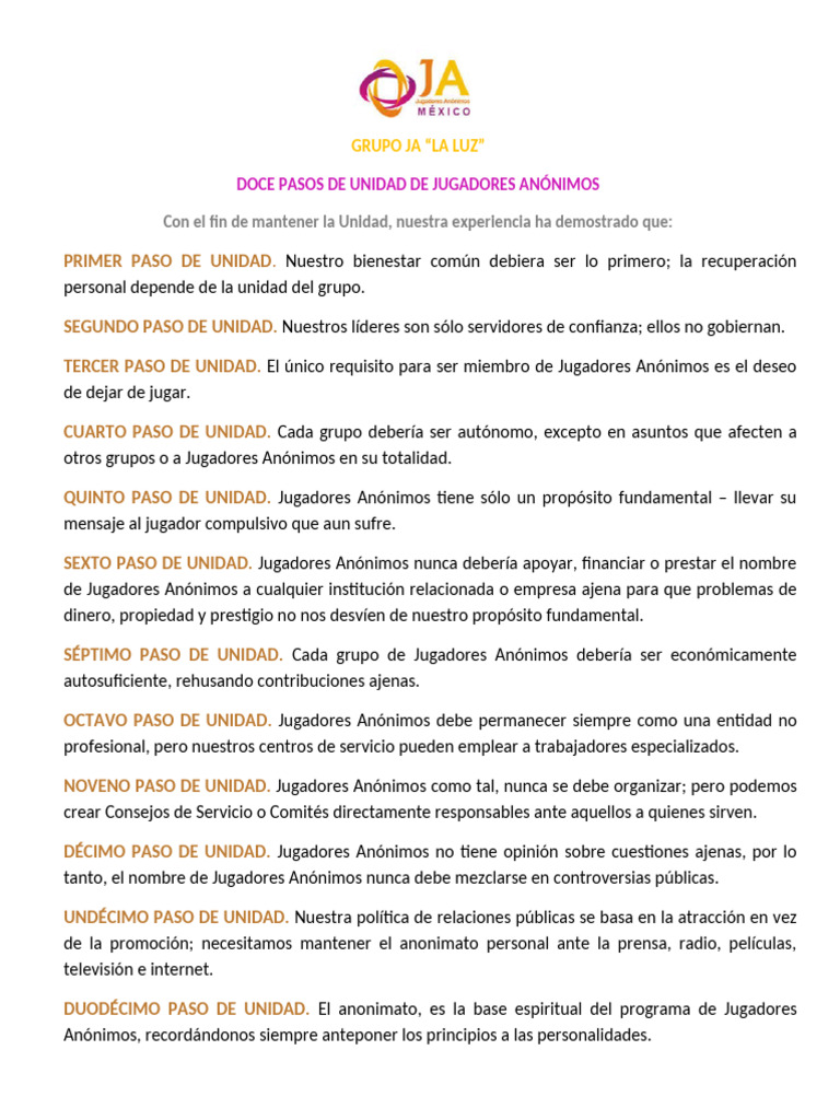 (Lámina) LOS 12 PASOS DE UNIDAD DE JA.docx | PDF