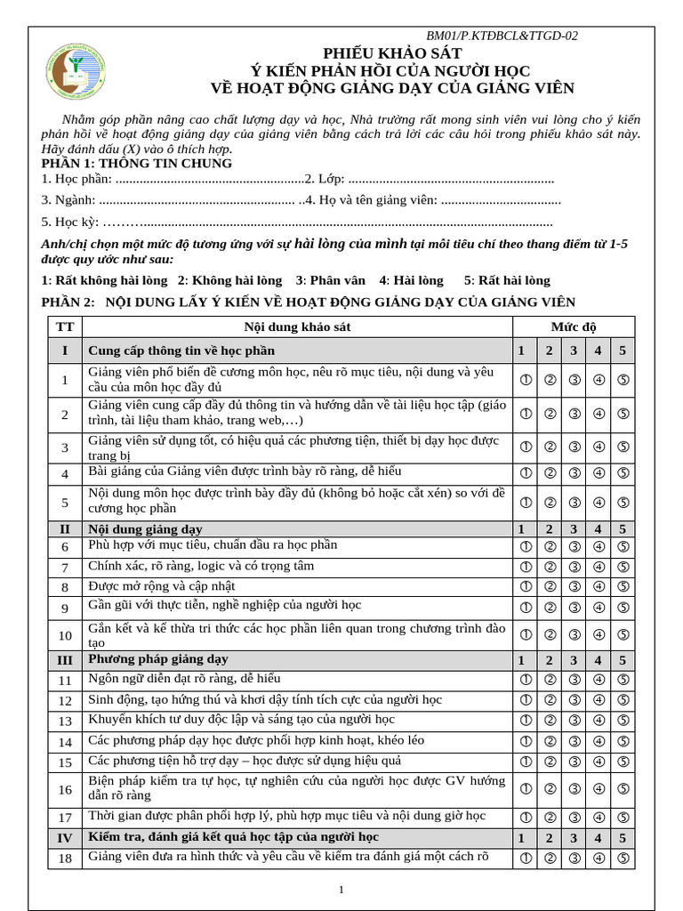 BM01 Khao Sat SV Dang Hoc Ve Chat Luong Giang Day Cua GV | PDF