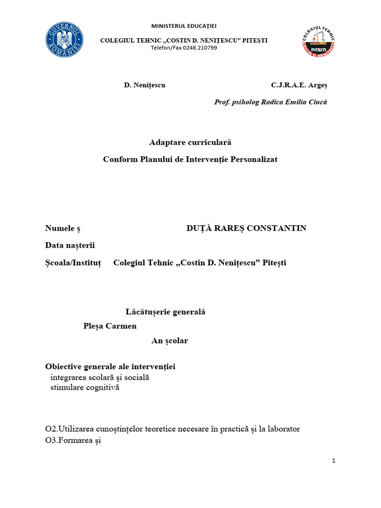 Adaptare Curriculară Duță Rareș Constantin | PDF