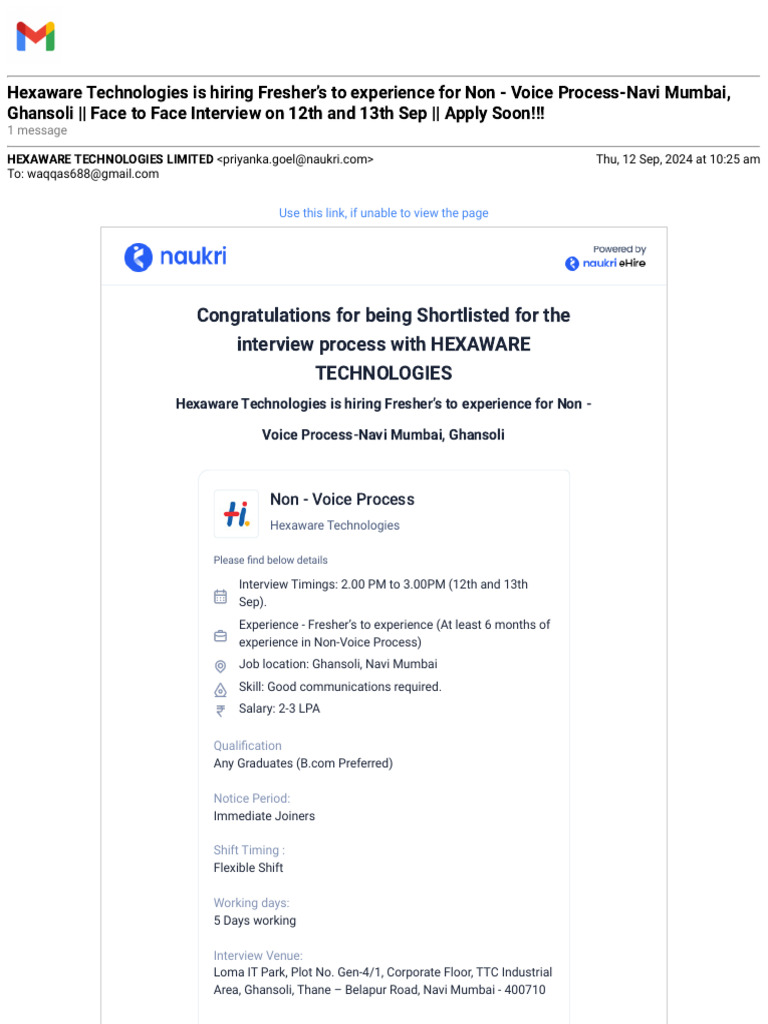 Congratulations For Being Shortlisted For The Interview Process With HEXAWARE Technologies | PDF ...