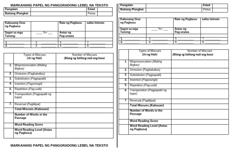 Scoring Sheet Phil Iri | PDF