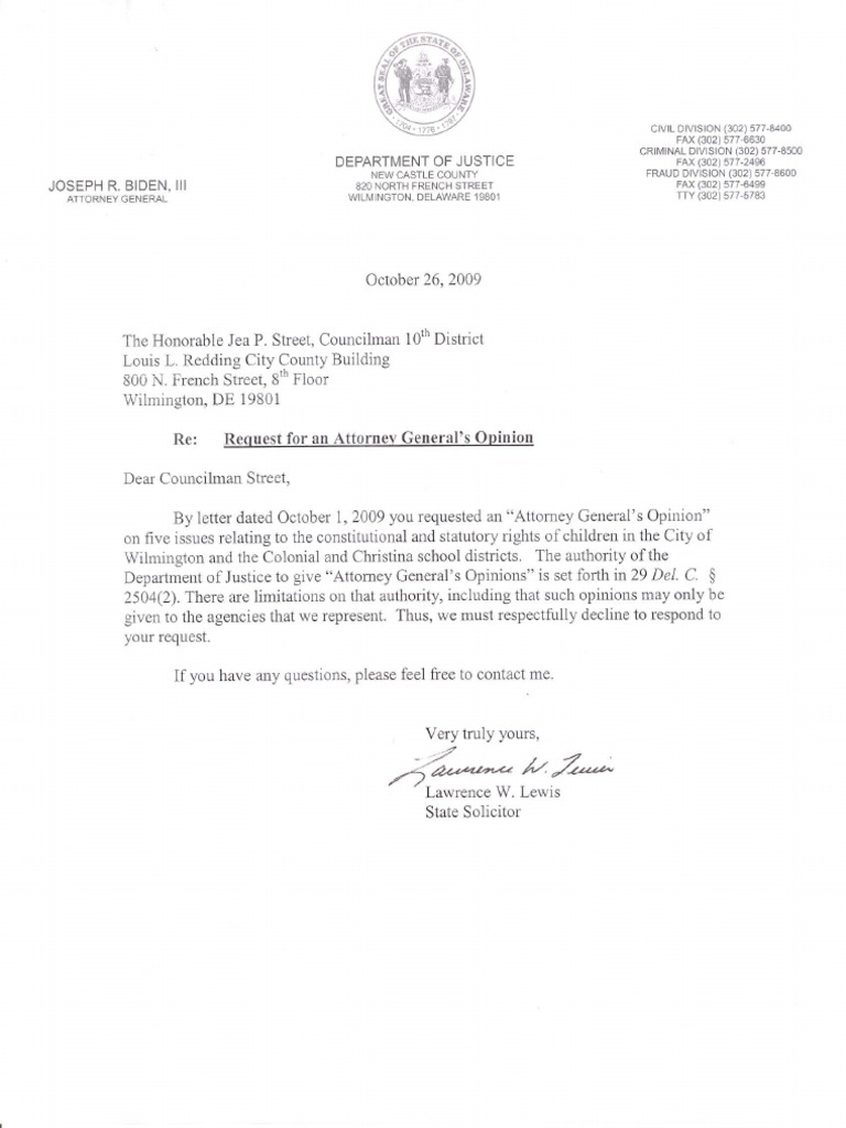 DE Attorney General Response To Jea Street's Request For Opinion On ...