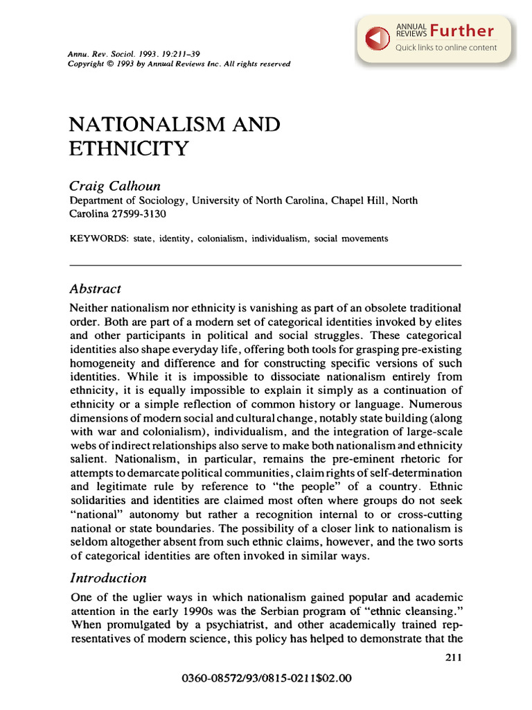 Nationalism and Ethnicity (Craig Calhoun) | PDF