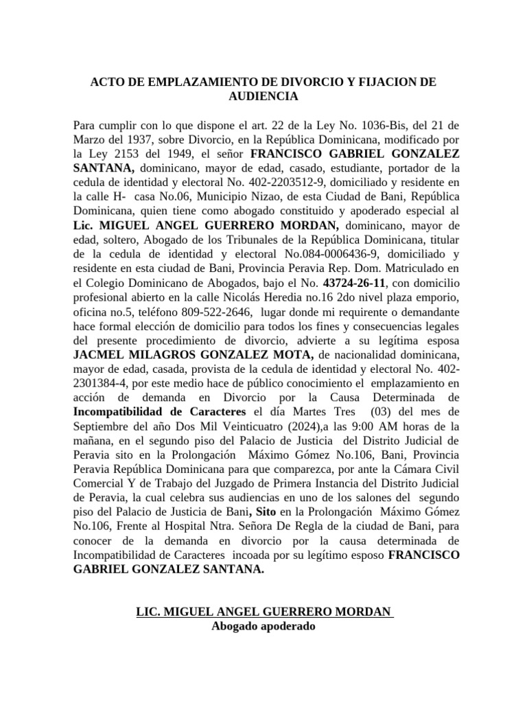ACTO DE EMPLAZAMIENTO DE DIVORCIO Pachico | PDF | Direito