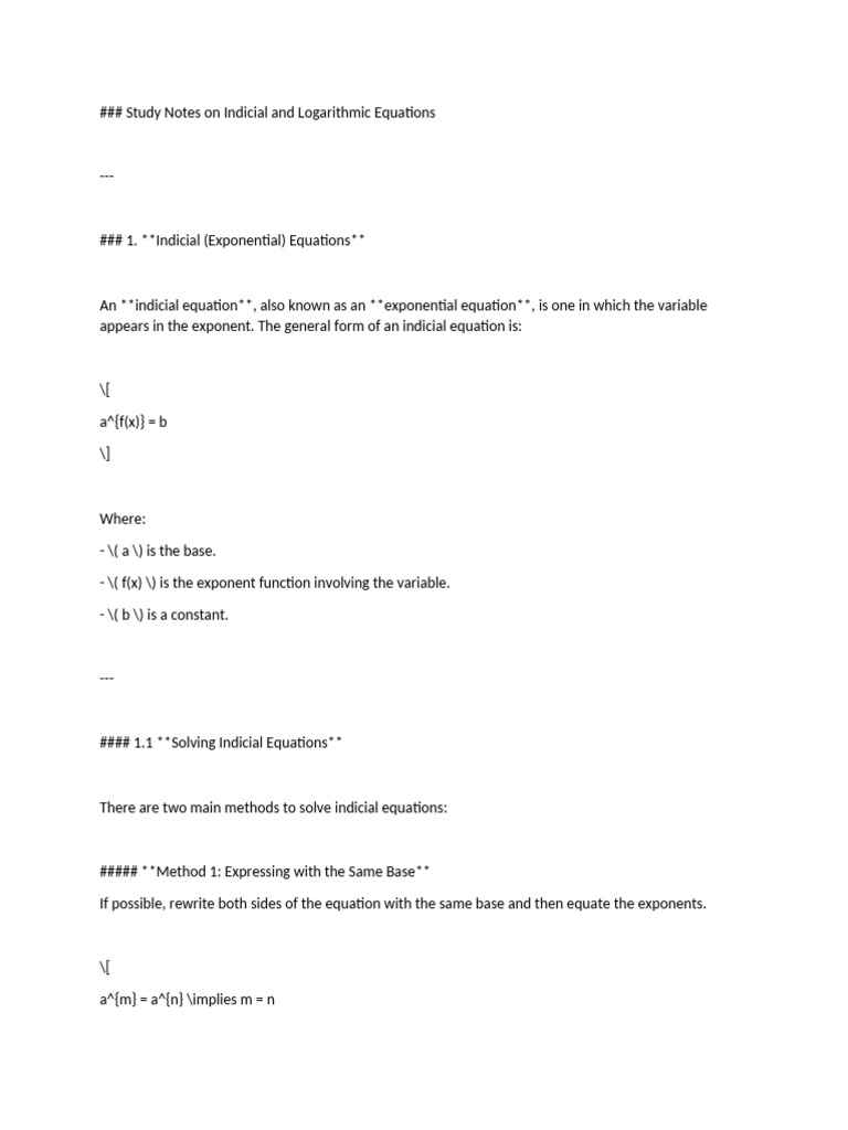 Study Notes On Indicial and Logarithmic Equations | PDF