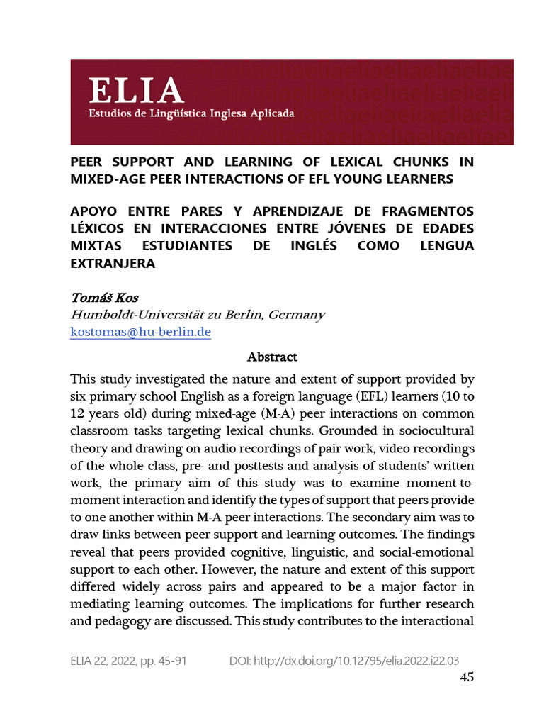 Peer Support and Learning of Lexical Chunks in Mixed-Age Peer ...