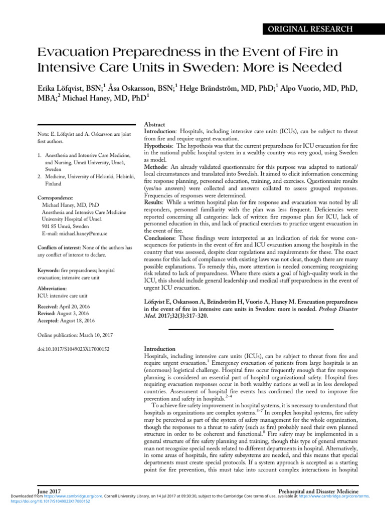 Evacuation Preparedness in The Event of Fire in Intensive Care Units in ...