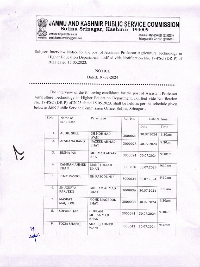 Interview Schedule For The Post of Assistant Professor Agriculture ...