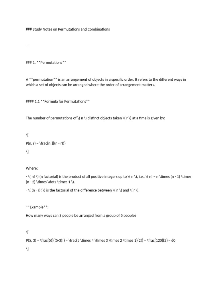 Study Notes On Permutations and Combinations | PDF