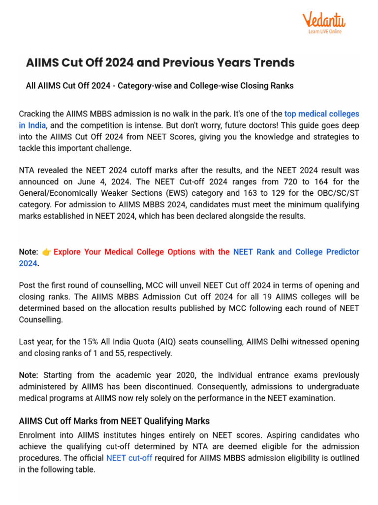 AIIMS Cut Off 2024 and Previous Years Trends | PDF