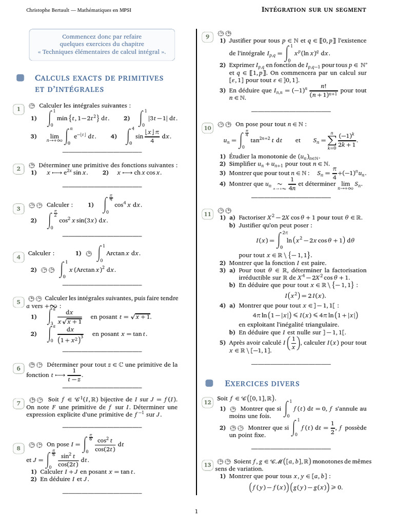 Exercices - Integration Sur Un Segment | PDF
