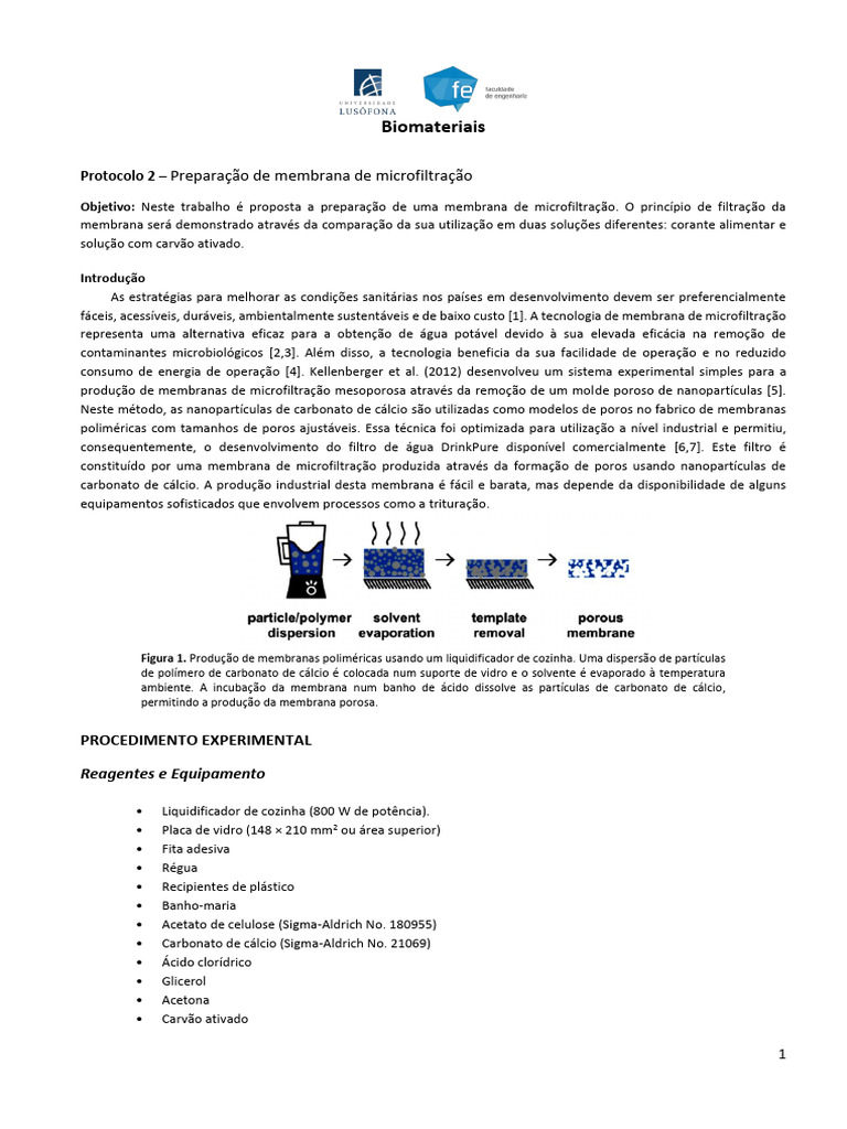 Protocolo 2 - Biomateriais - Preparação de Membranas de Microfiltração ...