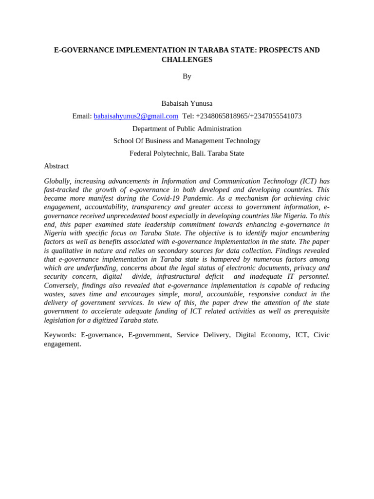 E-Governance Implementation in Taraba State Prospects and Challenges | PDF