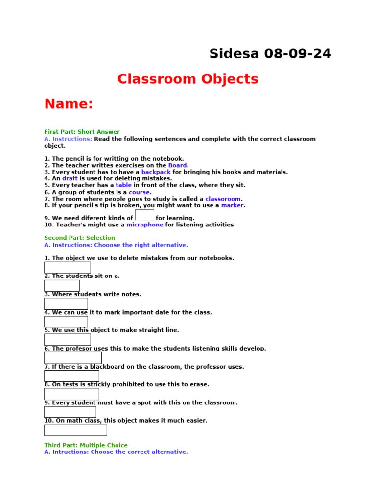 Classroom Objects | PDF