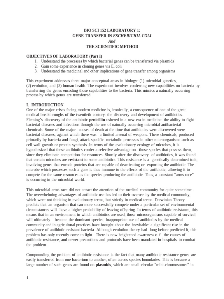 LAB 1 MANUAL Gene Transfer & Scientific Method | PDF
