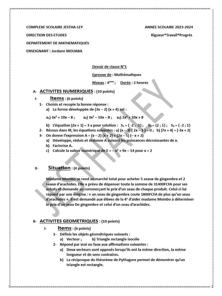 Devoir 4e Jestha-Ley | PDF