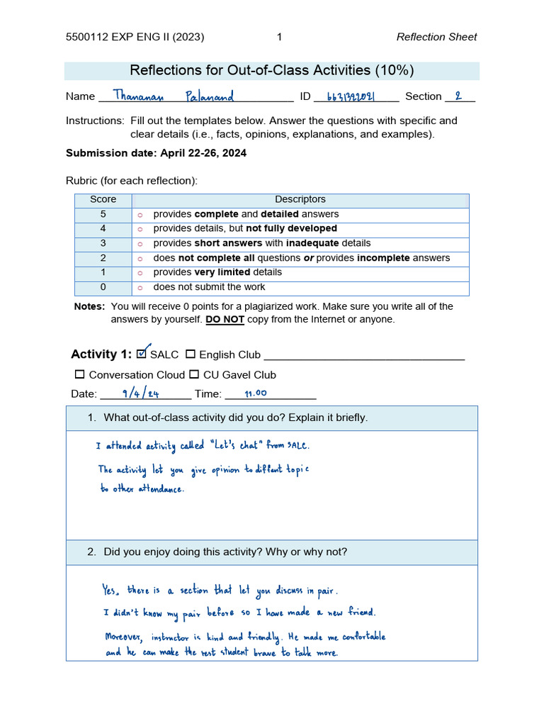 Exp Eng Ii 2023 Reflection Sheet Pdf