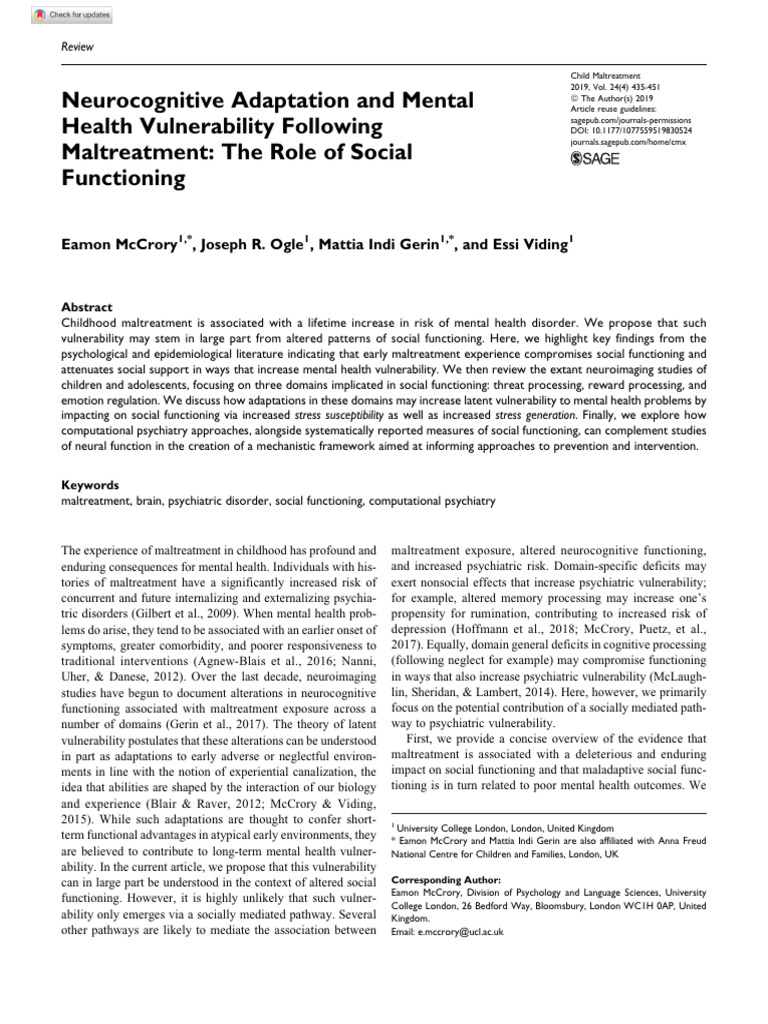 Mccrory Et Al 2019 Neurocognitive Adaptation and Mental Health Vulnerability Following ...