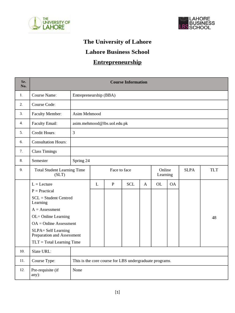 Ent BBA Course Outline (Spring 24) | PDF