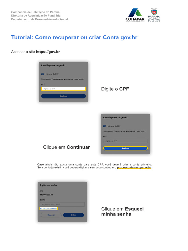 Tutorial - Como Recuperar Ou Criar Conta Gov | PDF