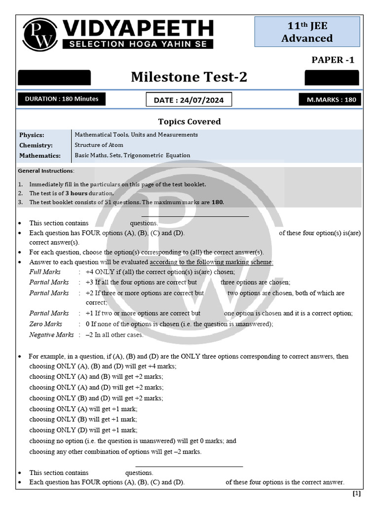Milestone Test - 02 - Test Paper (Paper 1) | PDF