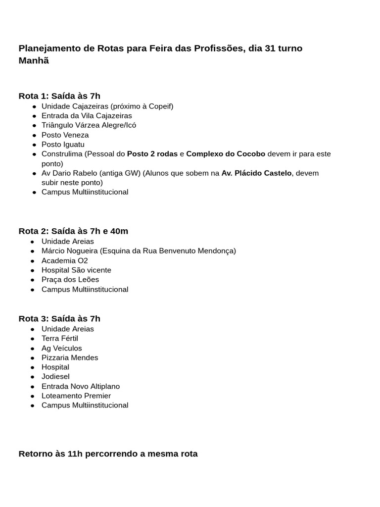 Rotas para Feira Das Profissões | PDF