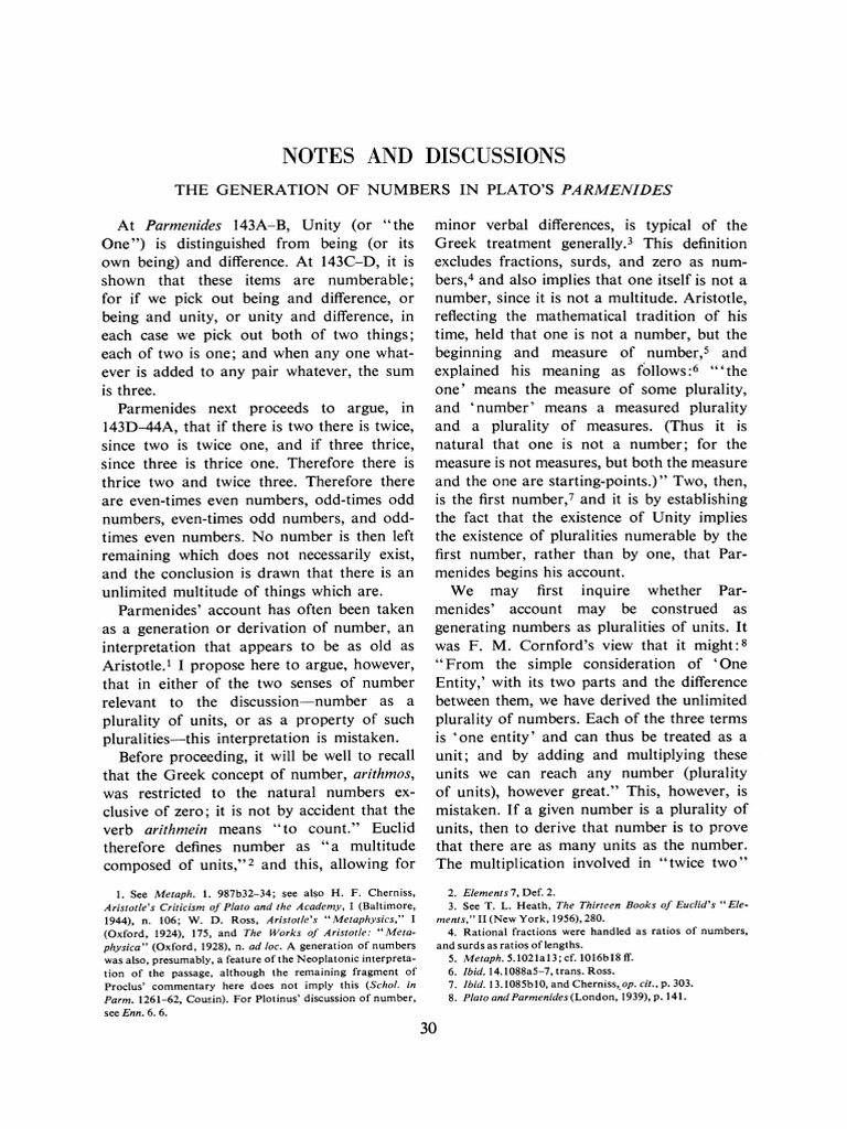 Allen - 1970 - The Generation of Numbers in Plato's Parmenides | PDF