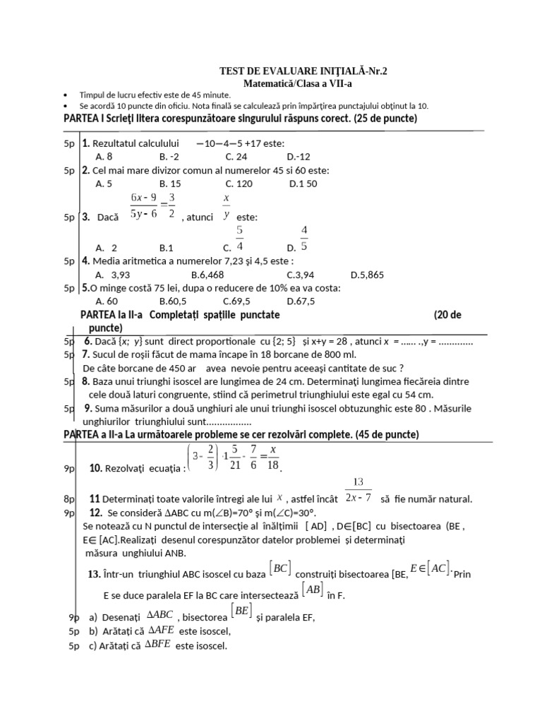 Test Evaluare Initiala Clasa A Vii A Nr.2 | PDF