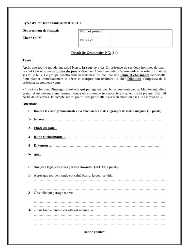 GRAMMAIRE 4e (N°1) | PDF