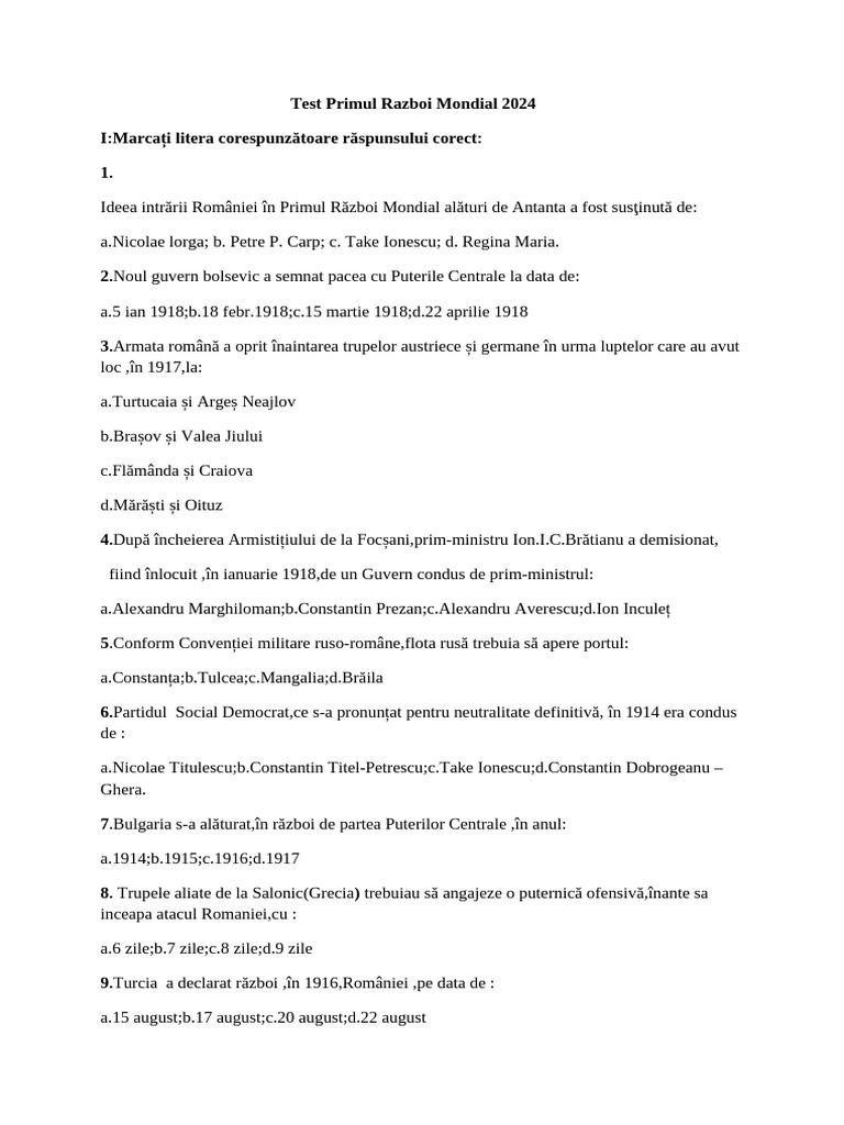 Test Primul Razboi Mondial 2024 | PDF