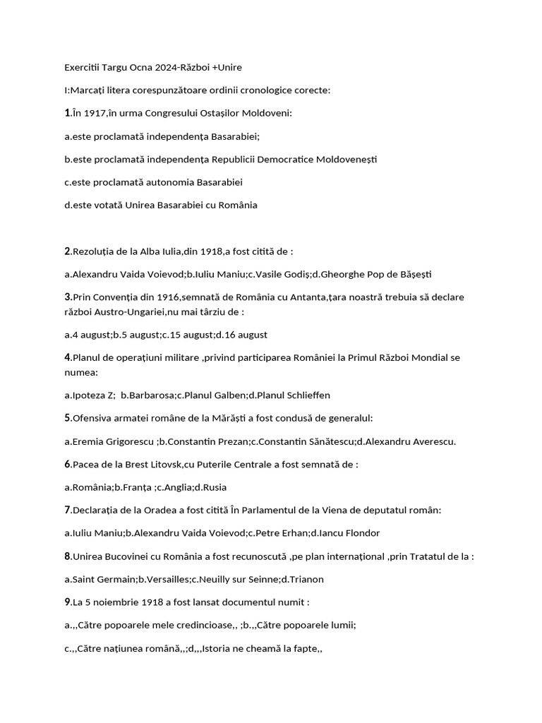 Exercitii Targu Ocna 2024-Cap - III-Carol+Război+Unire | PDF